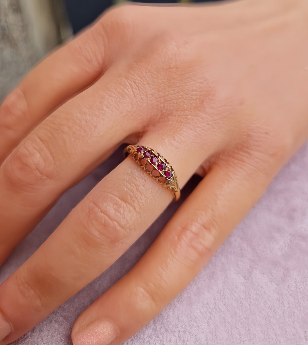 Solid 9ct Yellow Gold Antique Mid Century 1960 London Old Cut Ruby Boat ...