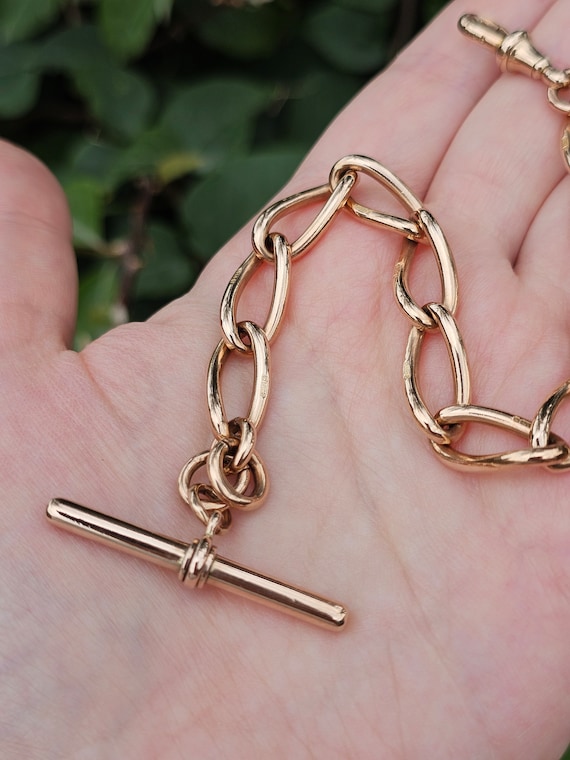 9ct Rose Gold Albert Clip Watch Chain Antique 1810 T Bar Pendant Albertina Bracelet 22.3cm Long Georgian Solid Gold Bracelet 29.61 Grams