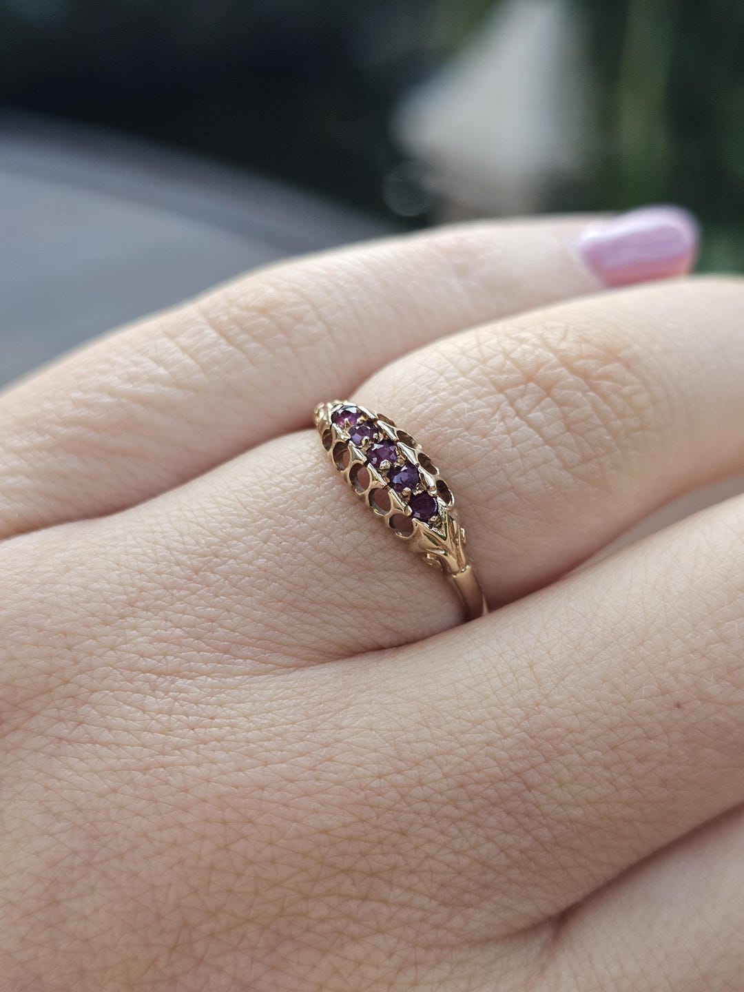 Solid 9ct Yellow Gold Antique Mid Century 1960 London Old Cut Ruby Boat ...