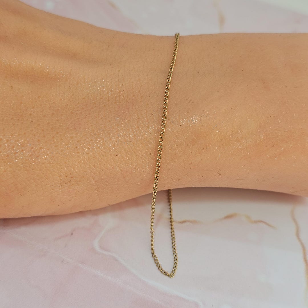 14ct Gold 1.1mm Wide Curb Chain Bracelet 7.2" 18.2cm Long - 585 Solid Yellow Gold - Dainty Micro ...