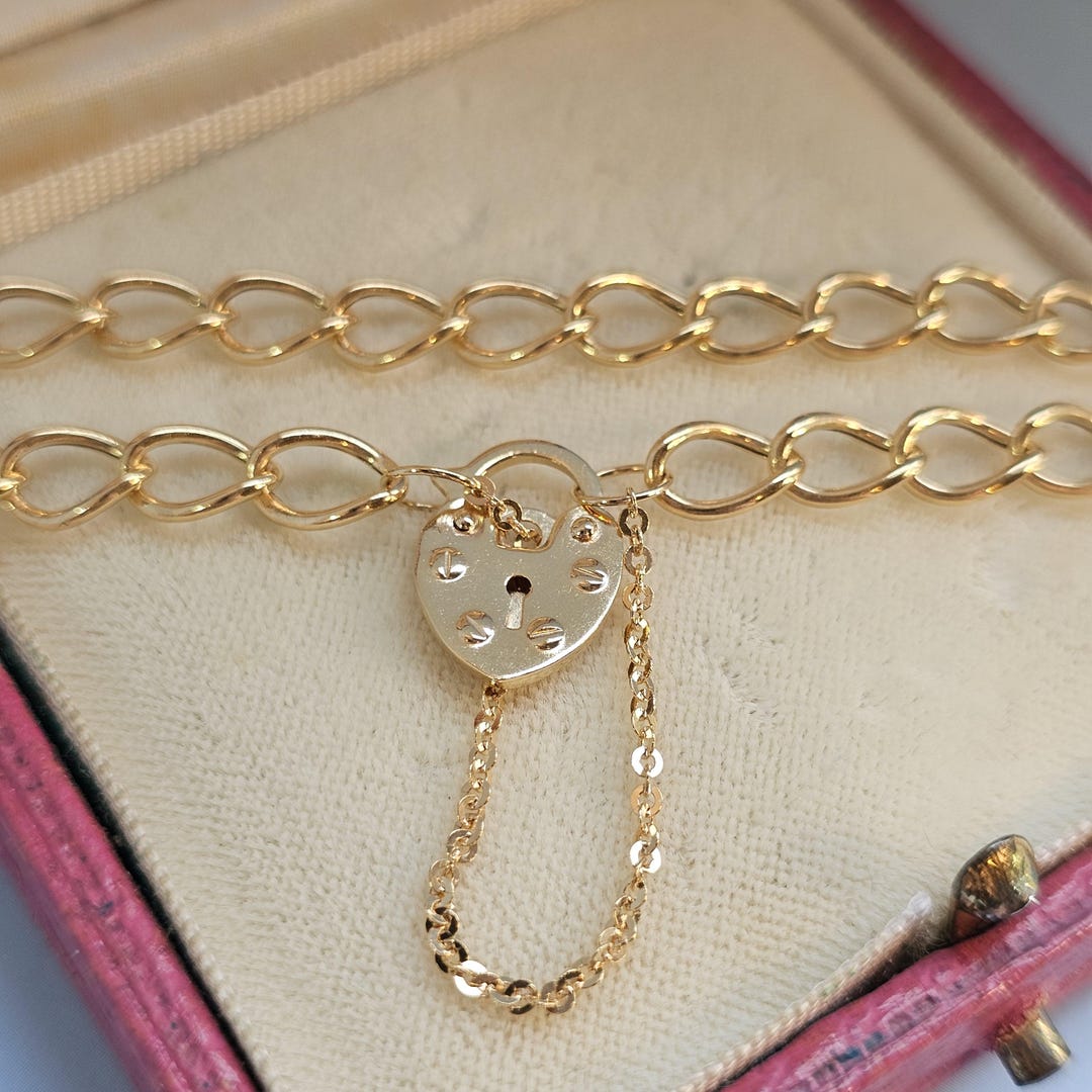 RARE 90s Solid 9ct Gold Vintage Heart Locket Padlock Curb Bracelet W ...