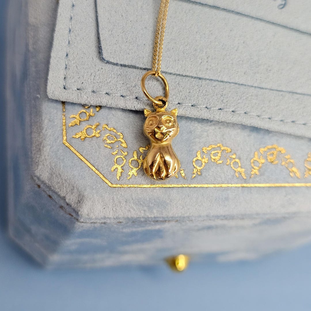 9ct Gold Cat Charm - Cute Aesthetic 90's Kitten Pendant - Solid Puffy ...