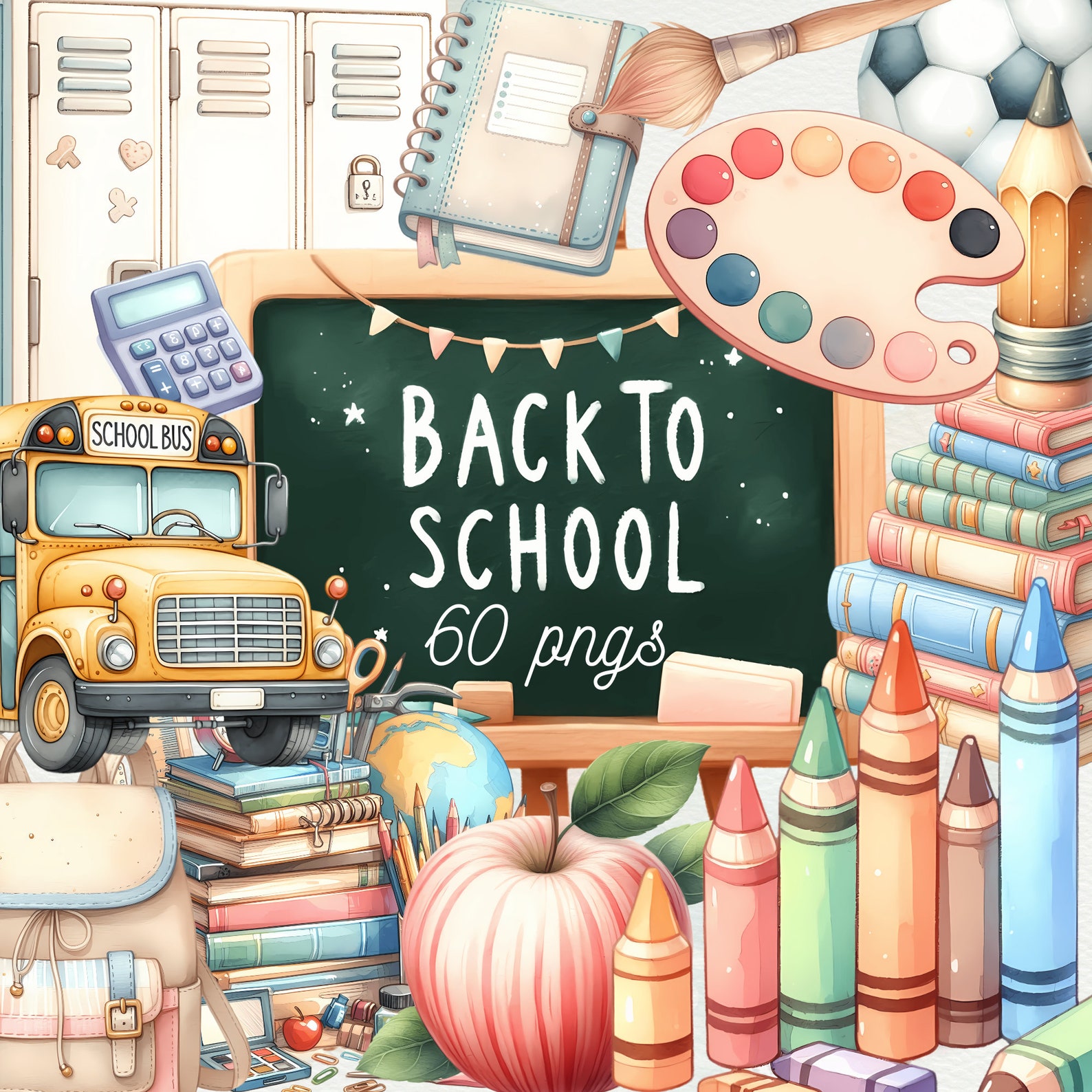 Watercolor Back to School Clipart Bundle School Bus Clipart Teacher ...