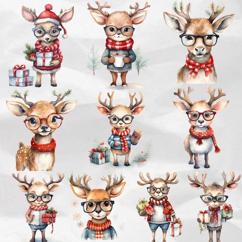Cute Watercolor Xmas Reindeers Wearing Glasses Watercolor - Etsy