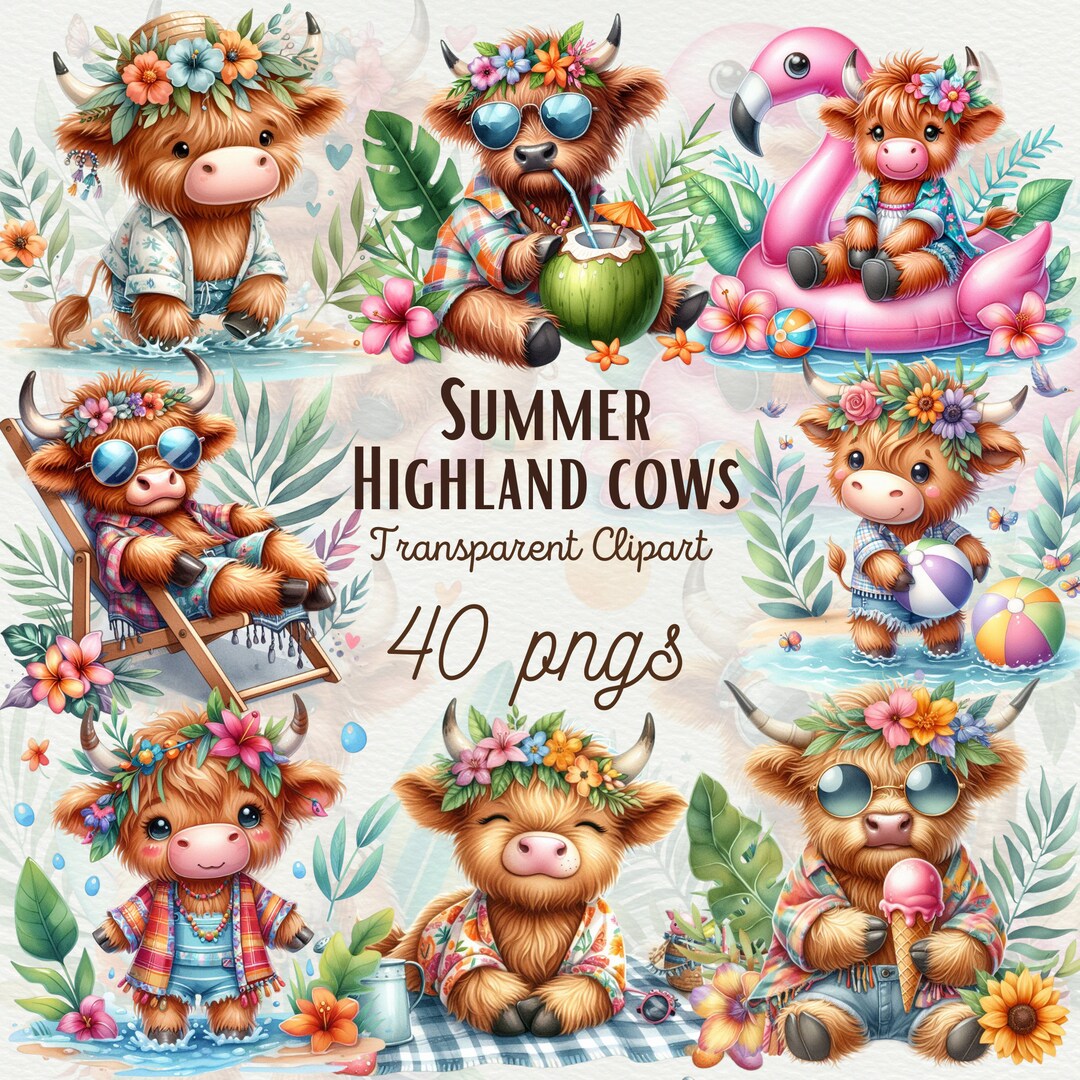 Watercolor Summer Highland Cows Collection Clipart Summer Baby Highland ...