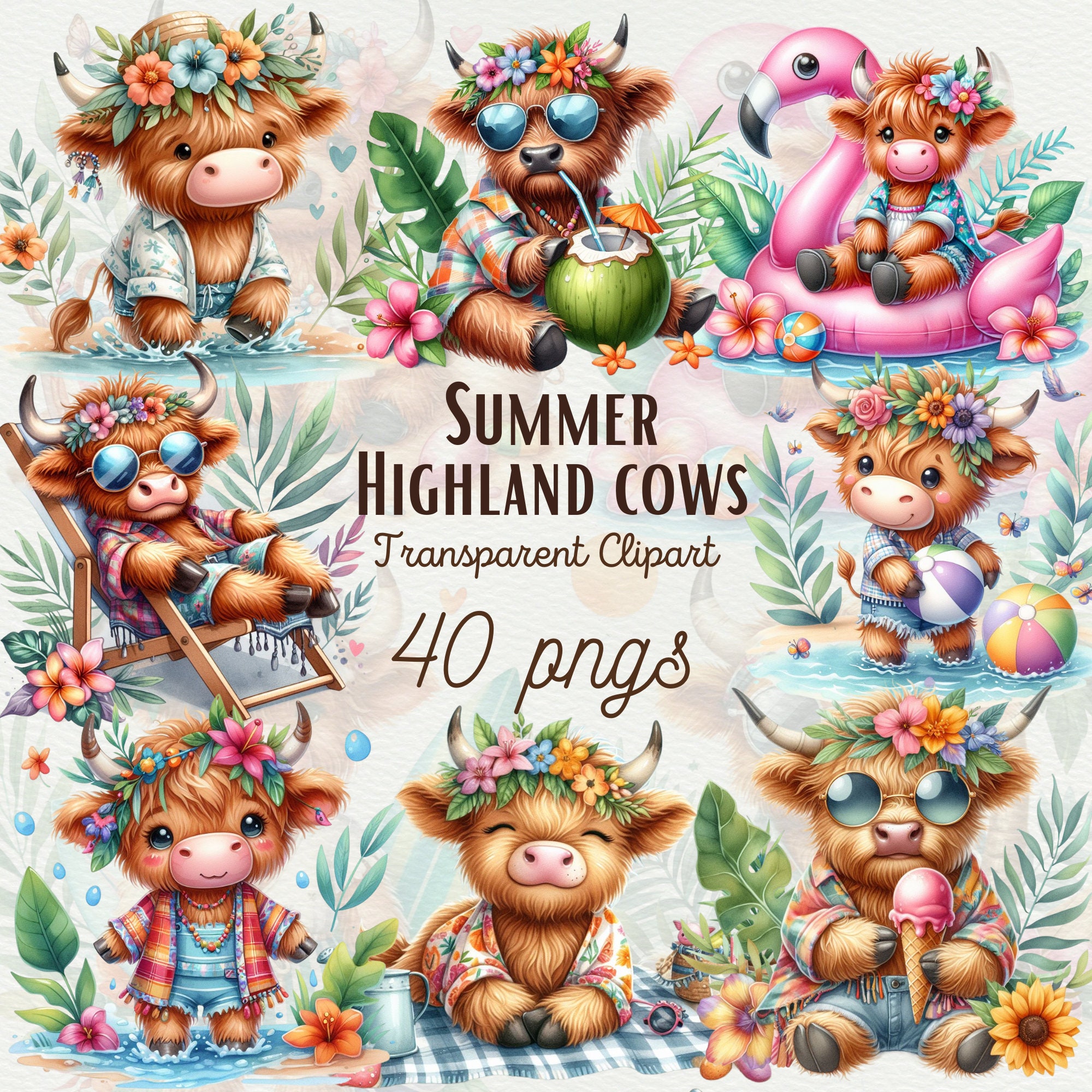 Watercolor Summer Highland Cows Collection Clipart Summer Baby Highland ...