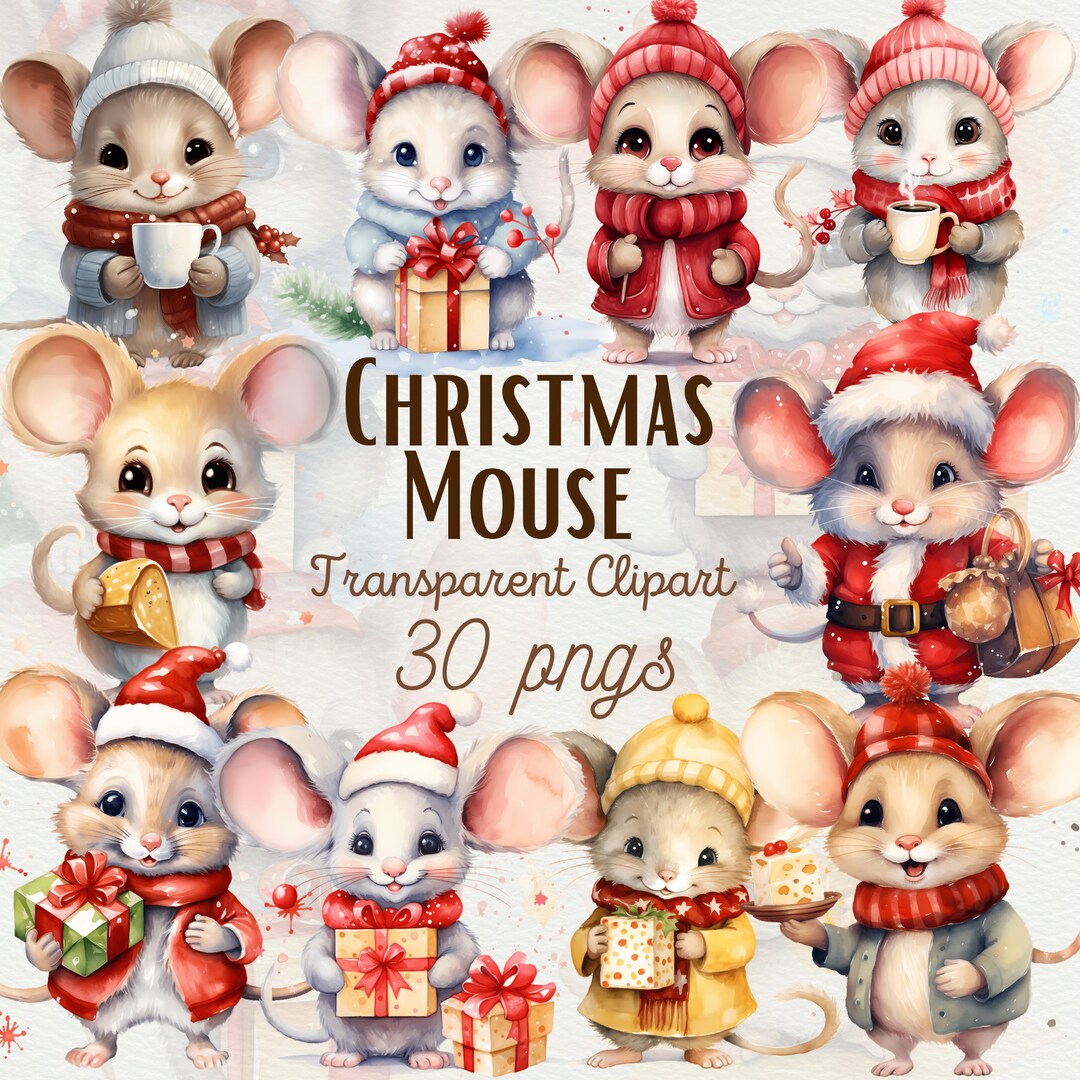 Watercolor Christmas Mouse Clipart Png - Cute Holiday Graphics for DIY ...