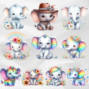 Cute Baby Elephant Clipart Floral Elephants PNG Baby Shower Rainbow ...