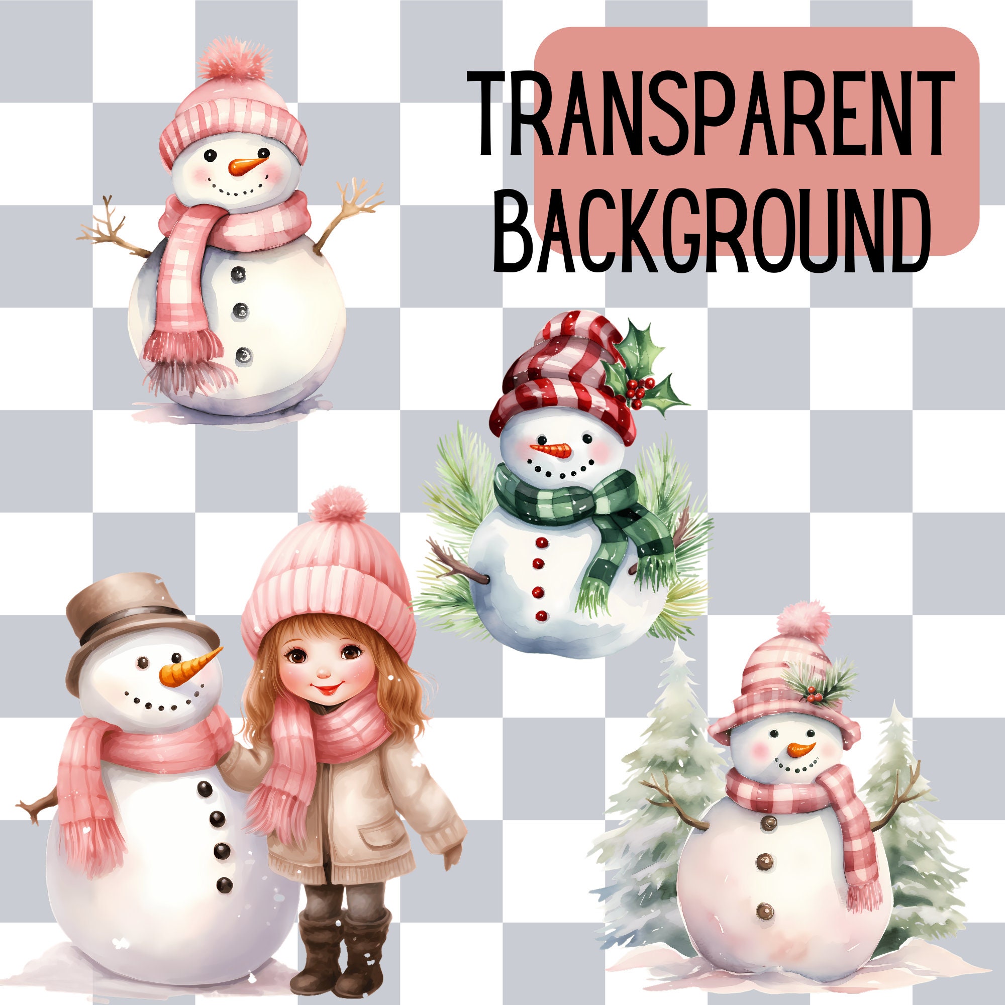 Cute Pink Snowman Clip Art Watercolor Christmas Design Element ...
