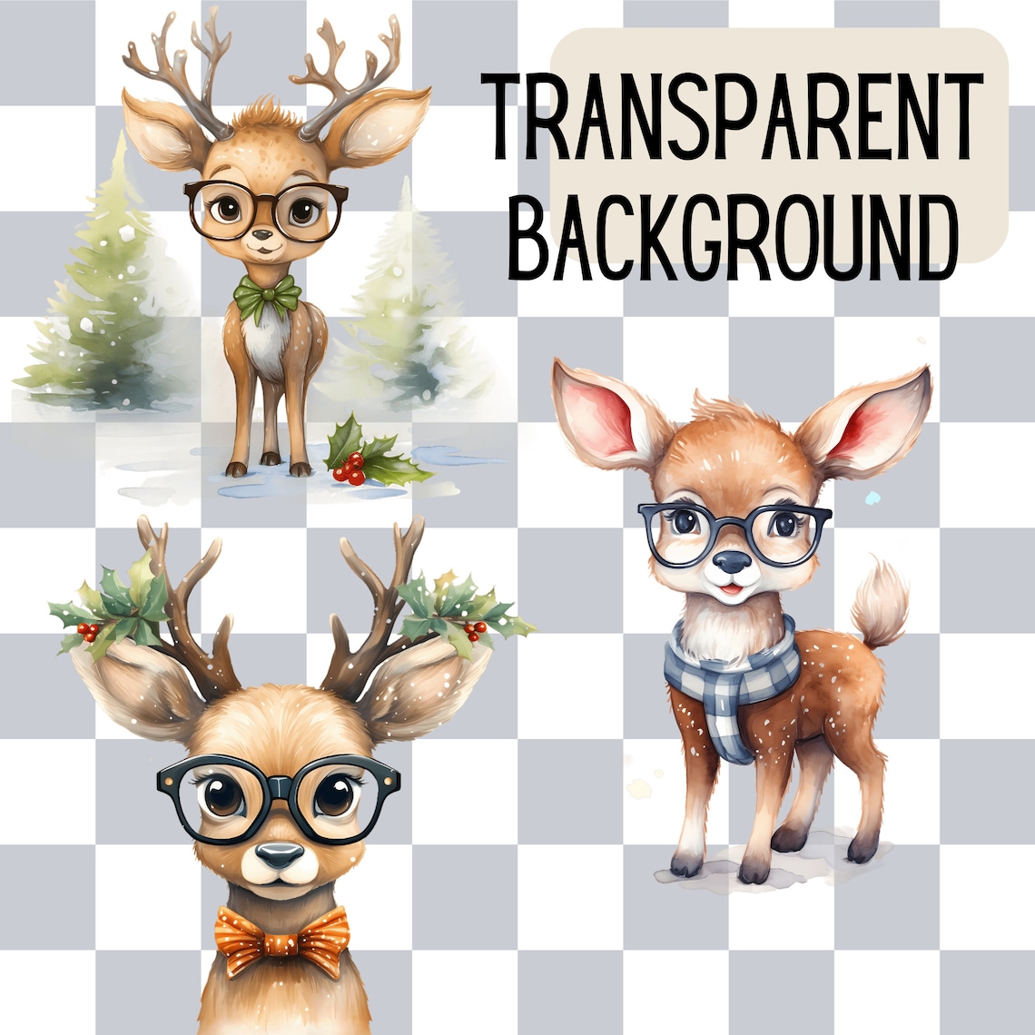 Cute Watercolor Xmas Reindeers Wearing Glasses Watercolor - Etsy