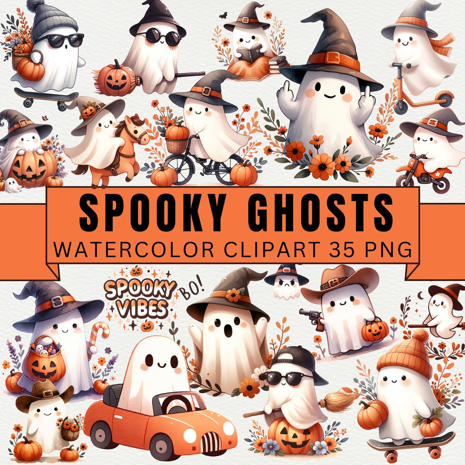 Watercolor Cute Halloween Ghost Clipart Fall Ghost PNG Pastel Halloween ...