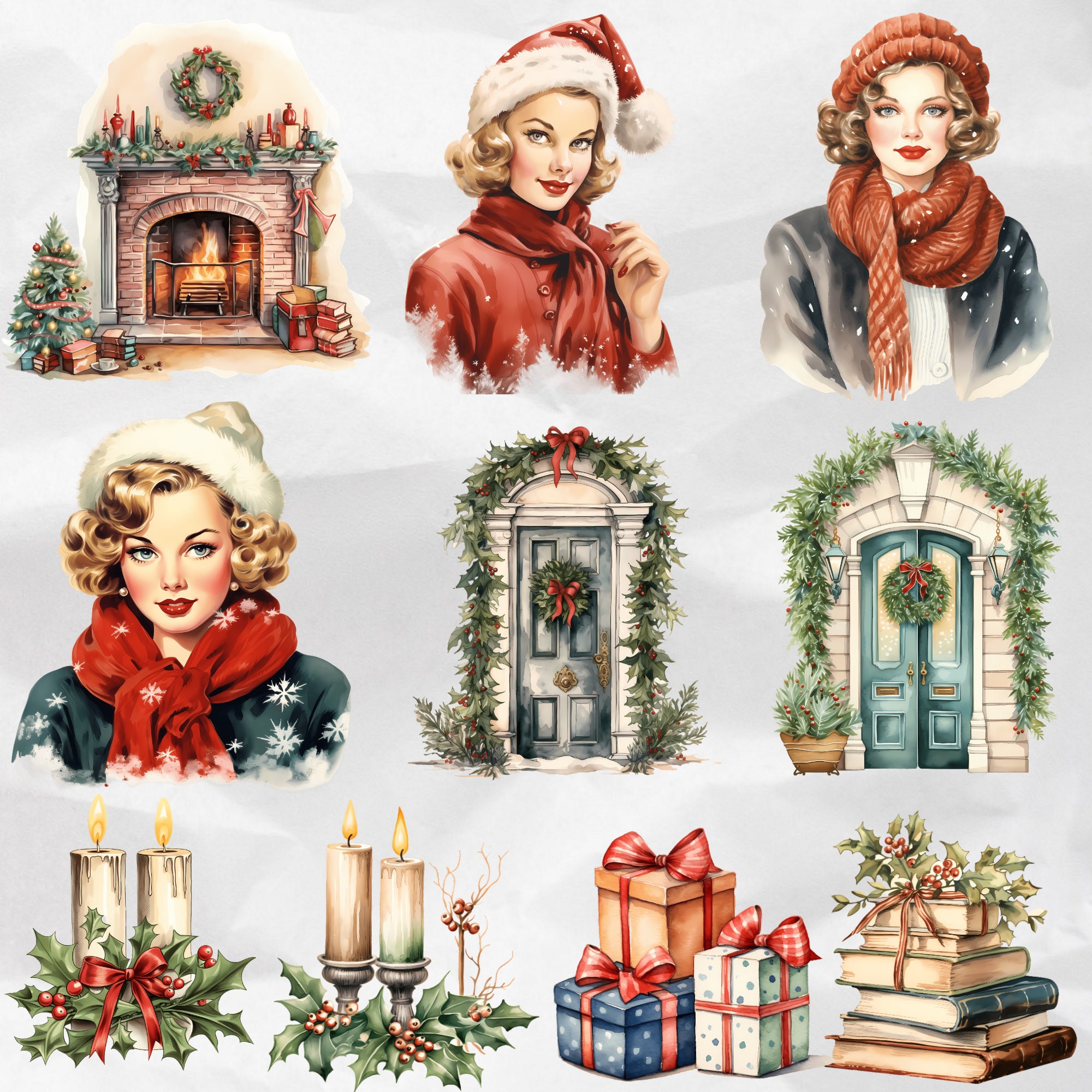 Watercolor Retro Vintage Christmas Clipart Bundle Winter Clipart ...