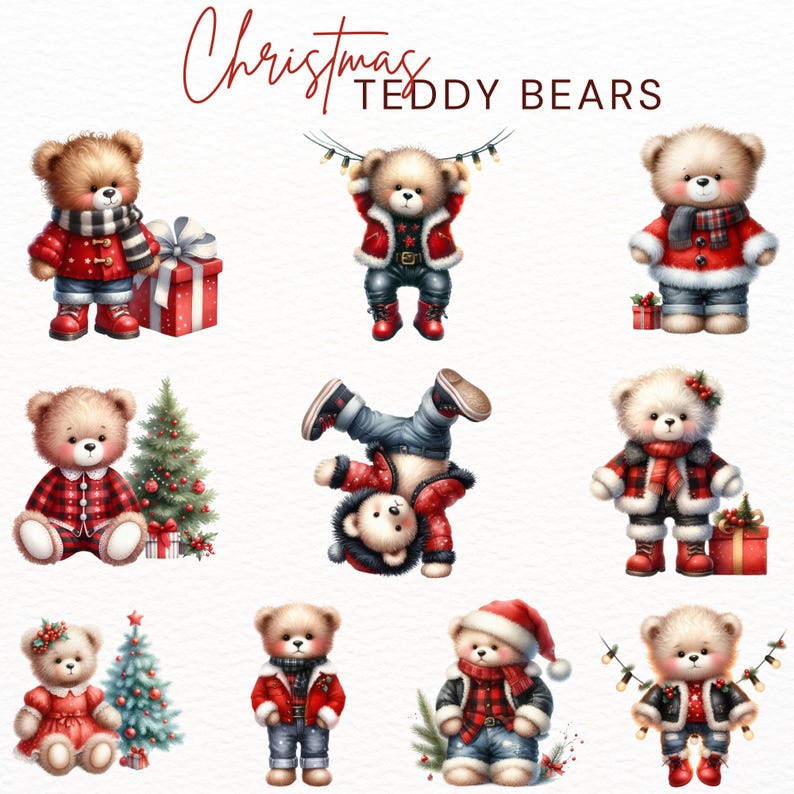 Christmas Teddy Bears Clipart - Cute Digital Graphics for Holiday ...