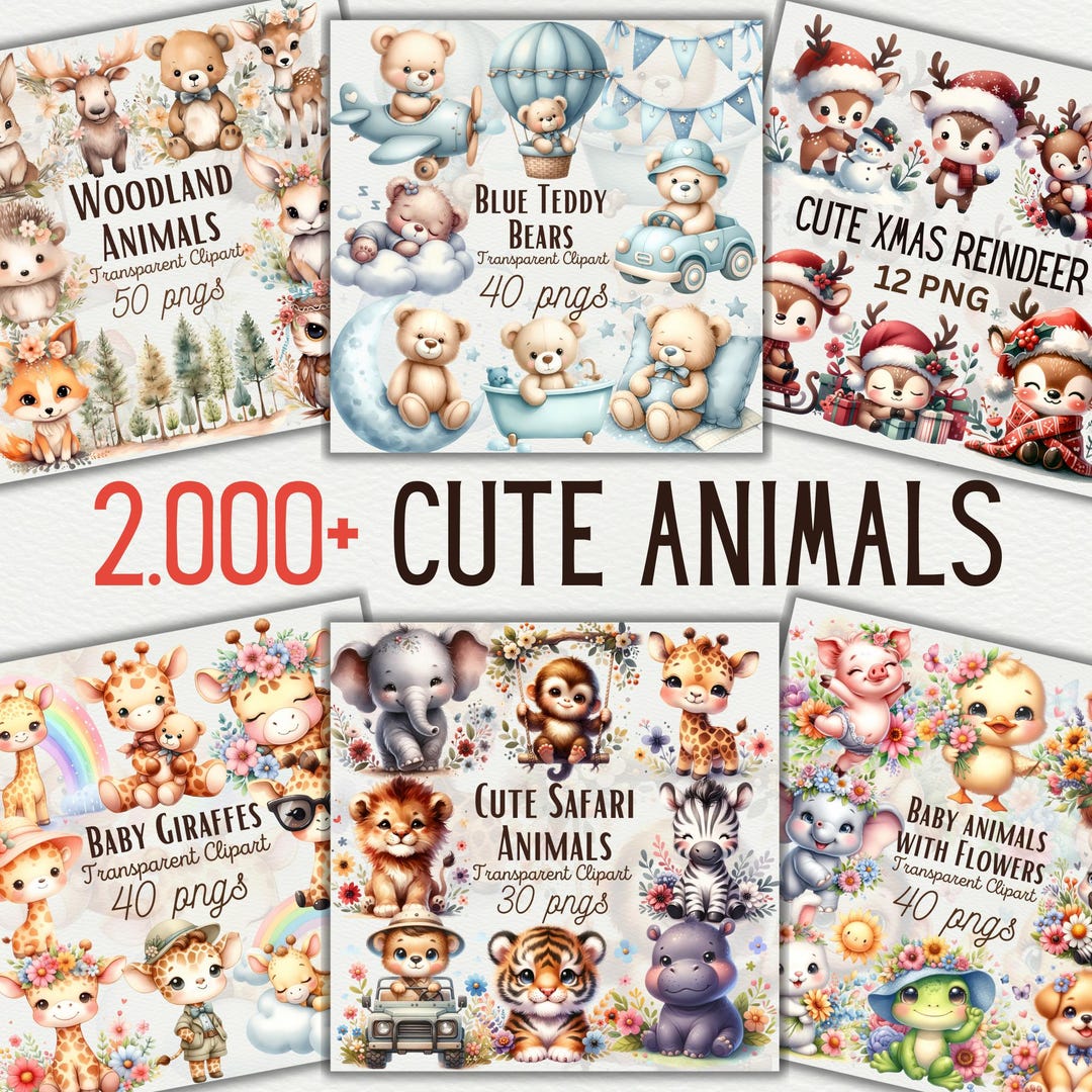 2000 Watercolor Cute Animals Clipart Bundle Baby Animal PNG Woodland ...
