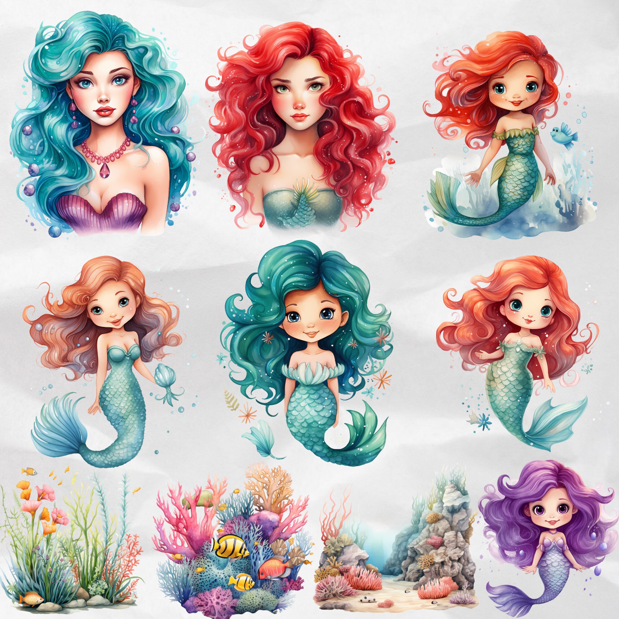Watercolor Cute Mermaid Clipart Underwater Mermaid Clipart Watercolor ...