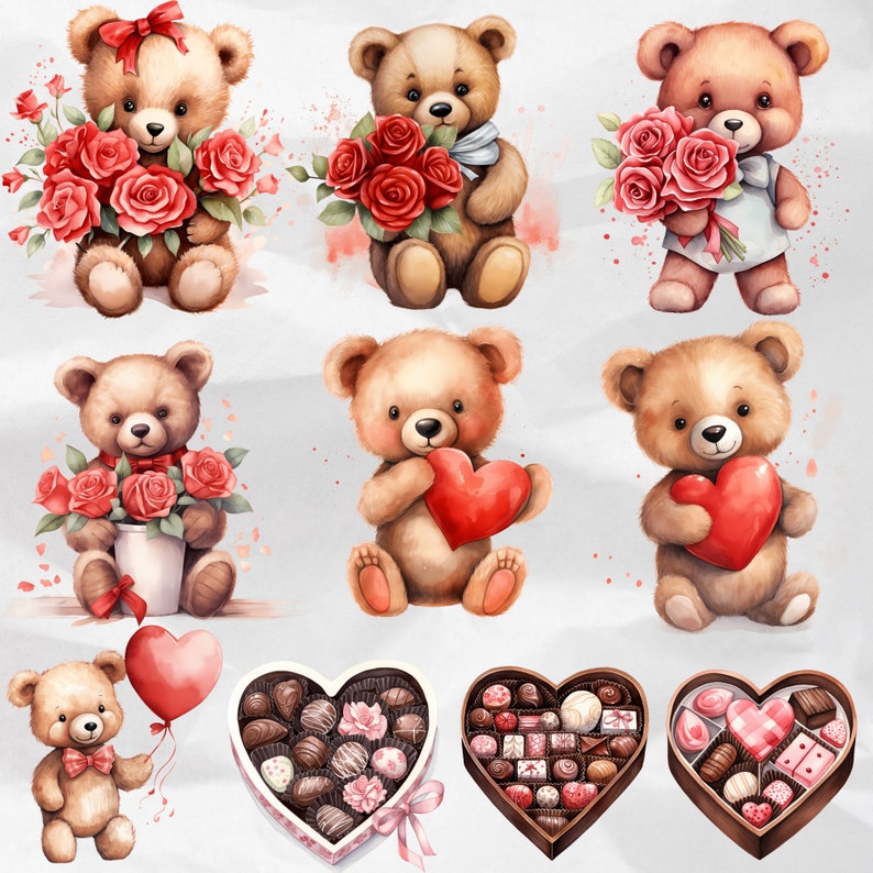 Watercolor Valentine Rose Bear Clipart Cute Teddy Bear Clipart PNG Cute ...