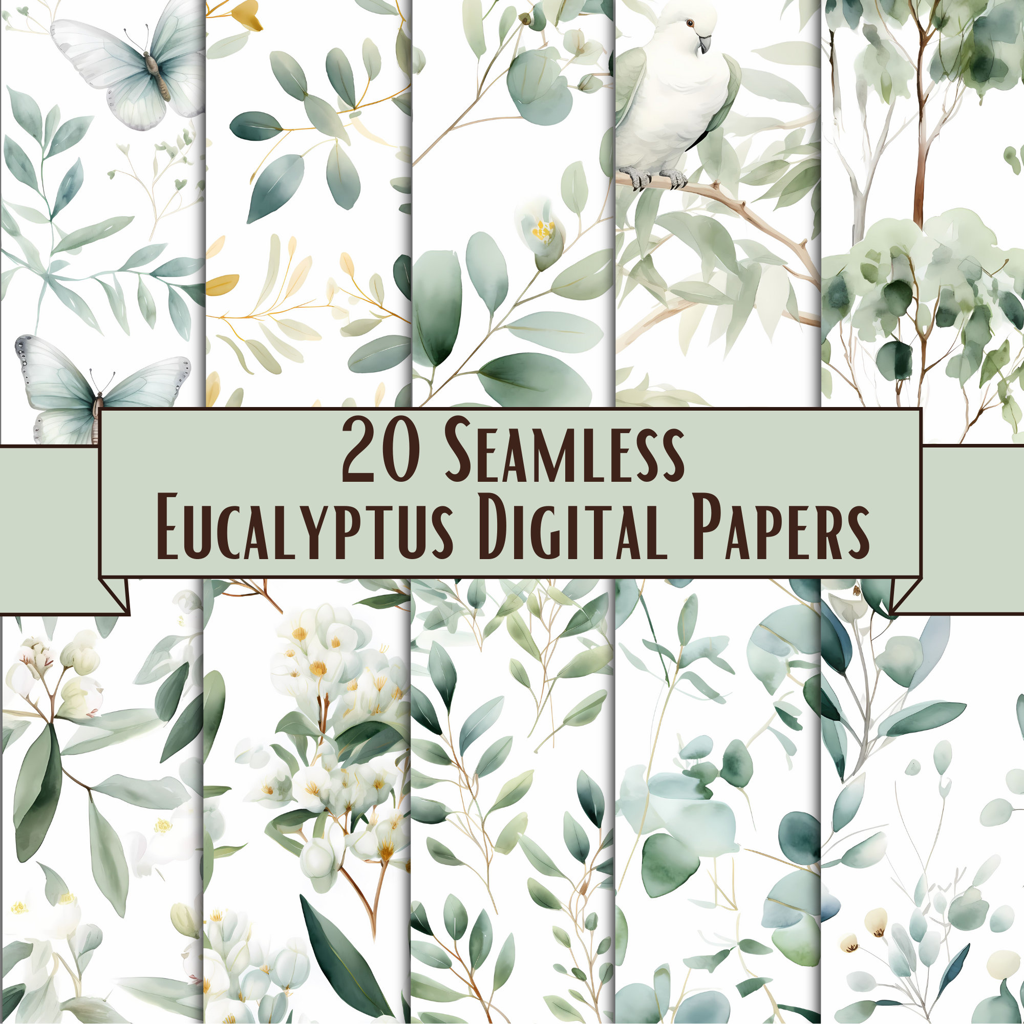 Watercolor Eucalyptus Digital Paper Eucalyptus Sage Green Greenery ...