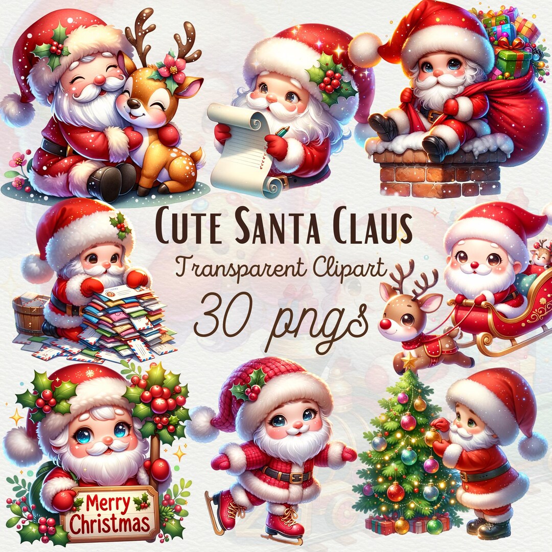 Cute Santa Claus Clipart Bundle Watercolor Christmas Santa Claus Sleigh ...
