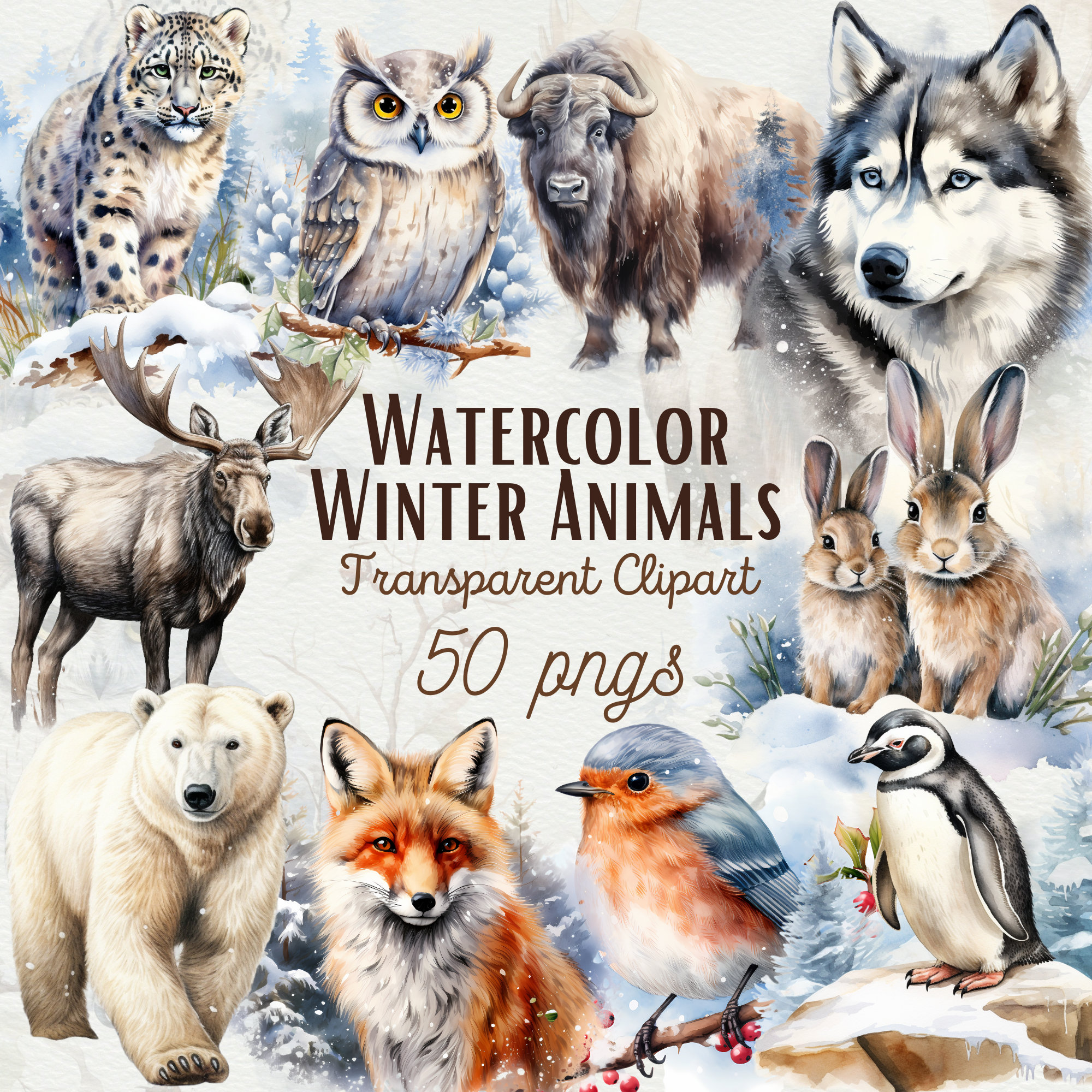 50 Watercolor Winter Animals Clipart Winter Woodland Animal PNG ...