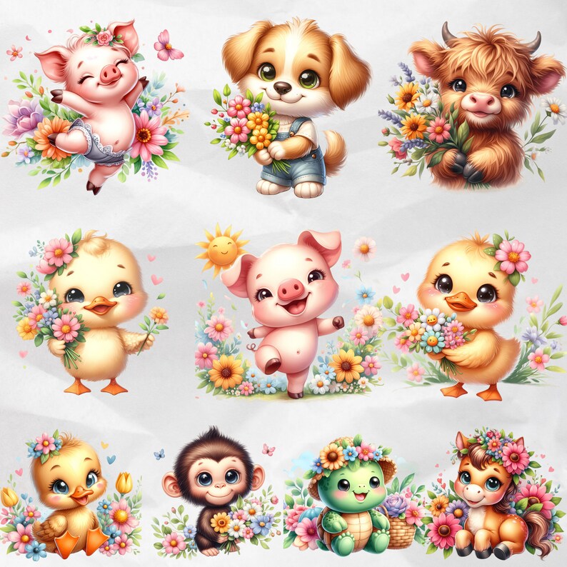 Watercolor Baby Animals With Flowers Clipart Watercolor Safari Animals ...