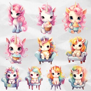 Cute Watercolor Kawaii Unicorn Clipart Bundle Cute Kawaii PNG Clipart ...