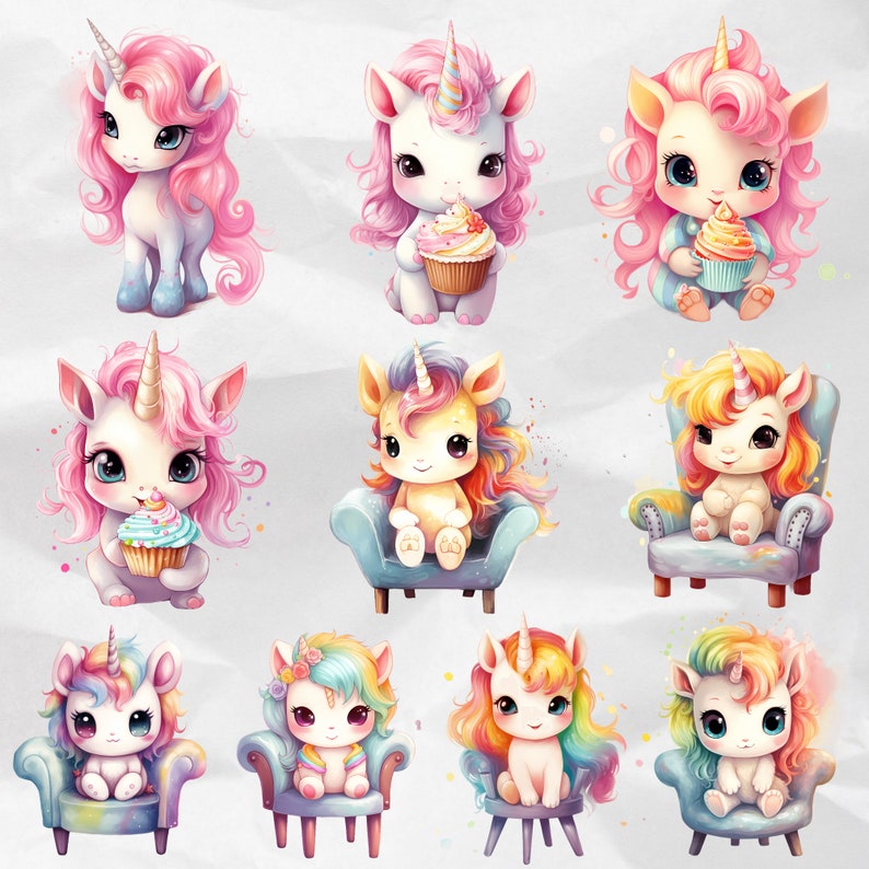 Cute Watercolor Kawaii Unicorn Clipart Bundle Cute Kawaii PNG Clipart ...
