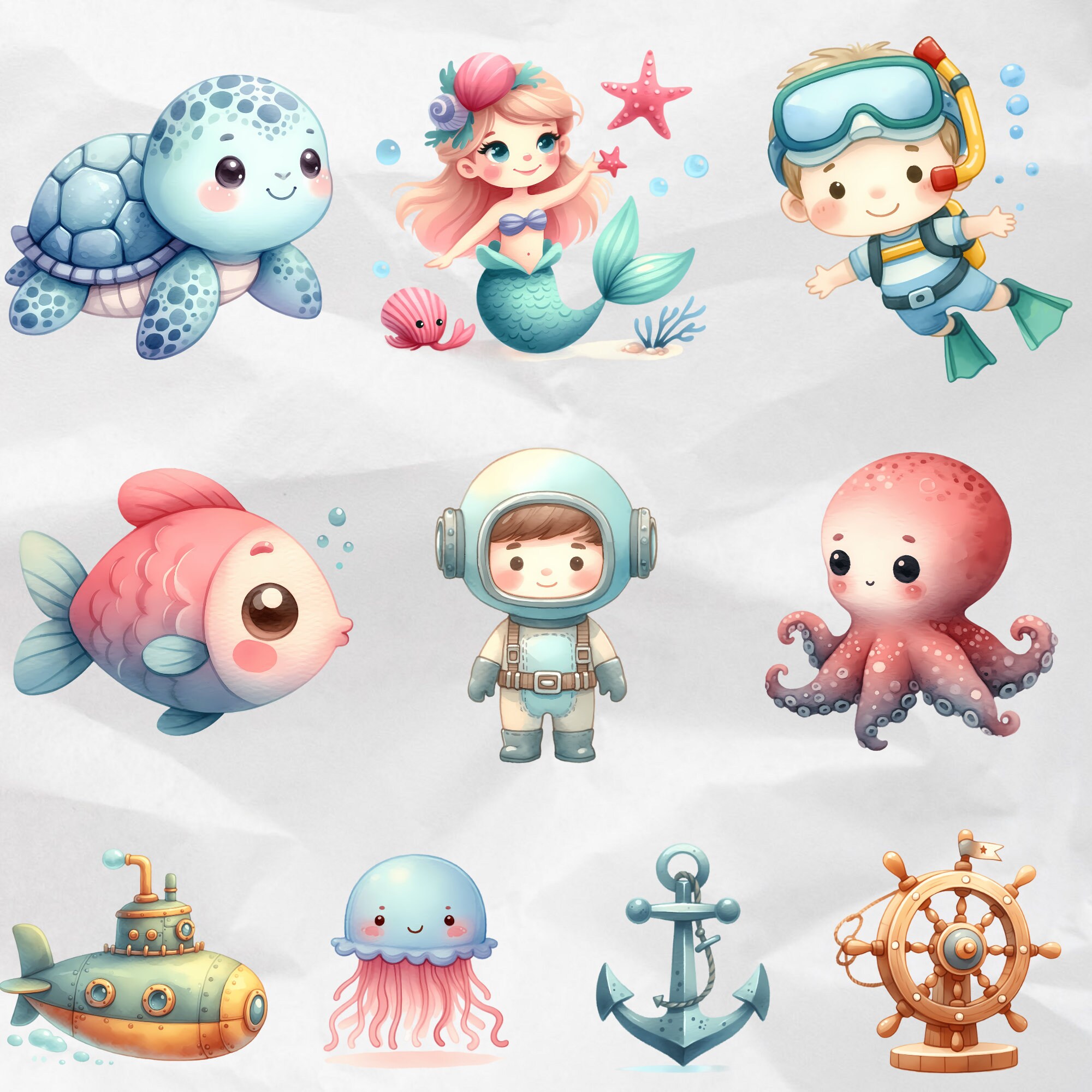 Watercolor Undersea Clipart Cute Ocean Baby Animals Watercolor Ocean ...