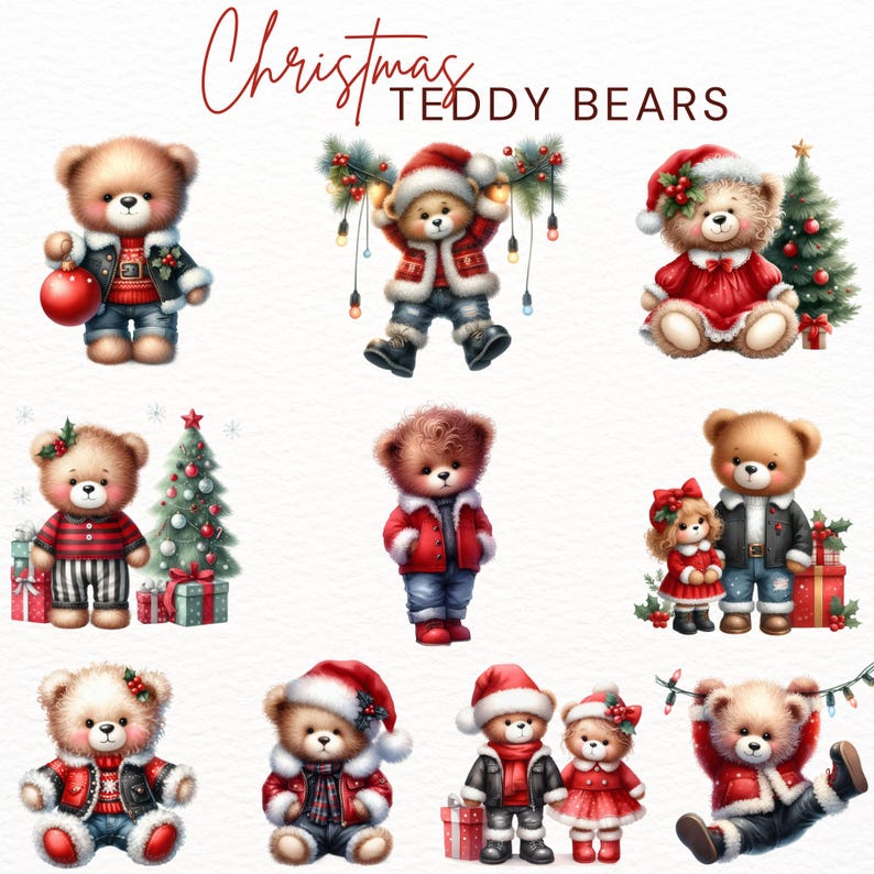 Christmas Teddy Bears Clipart - Cute Digital Graphics for Holiday ...