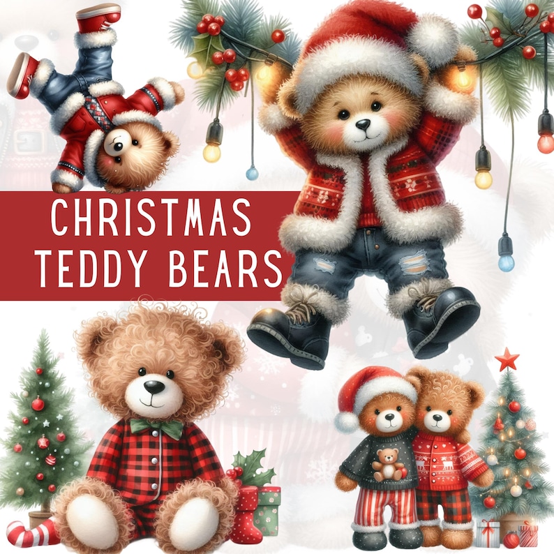 Christmas Teddy Bears Clipart - Cute Digital Graphics for Holiday ...