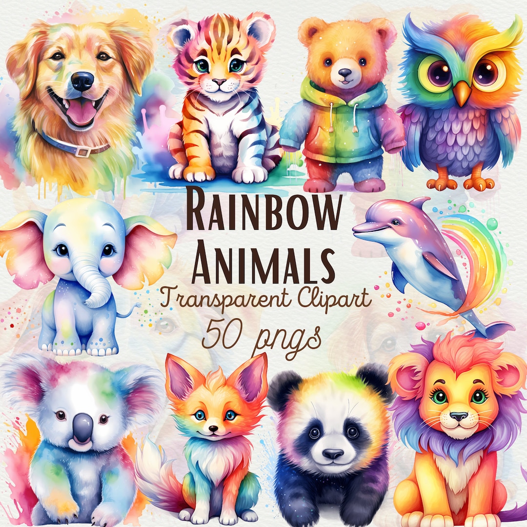 Watercolor Rainbow Animals Clipart Colorful Animals Designs Cute ...