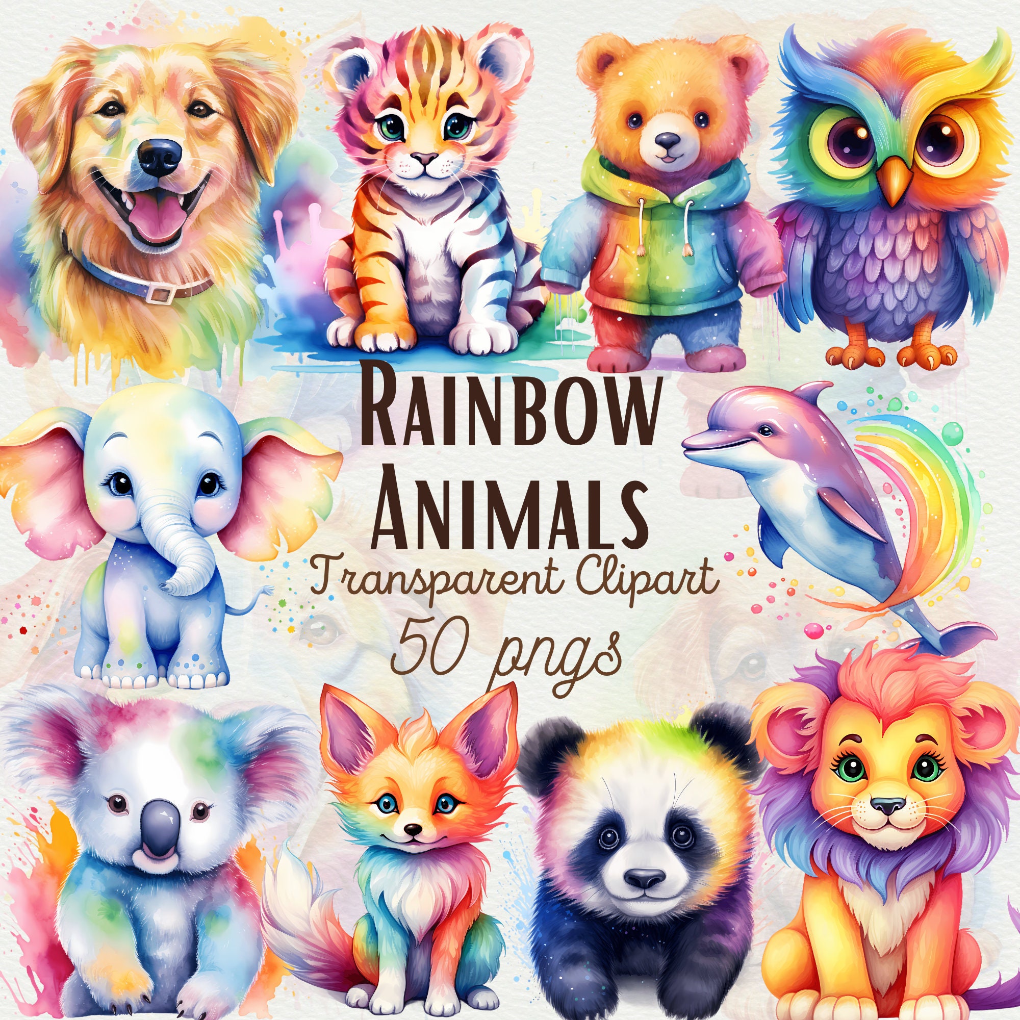 Watercolor Rainbow Animals Clipart Colorful Animals Designs Cute ...