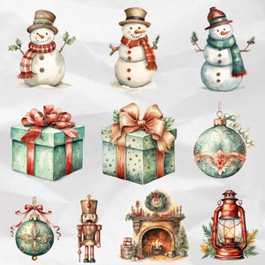 Watercolor Retro Vintage Christmas Clipart Bundle - Festive Holiday ...