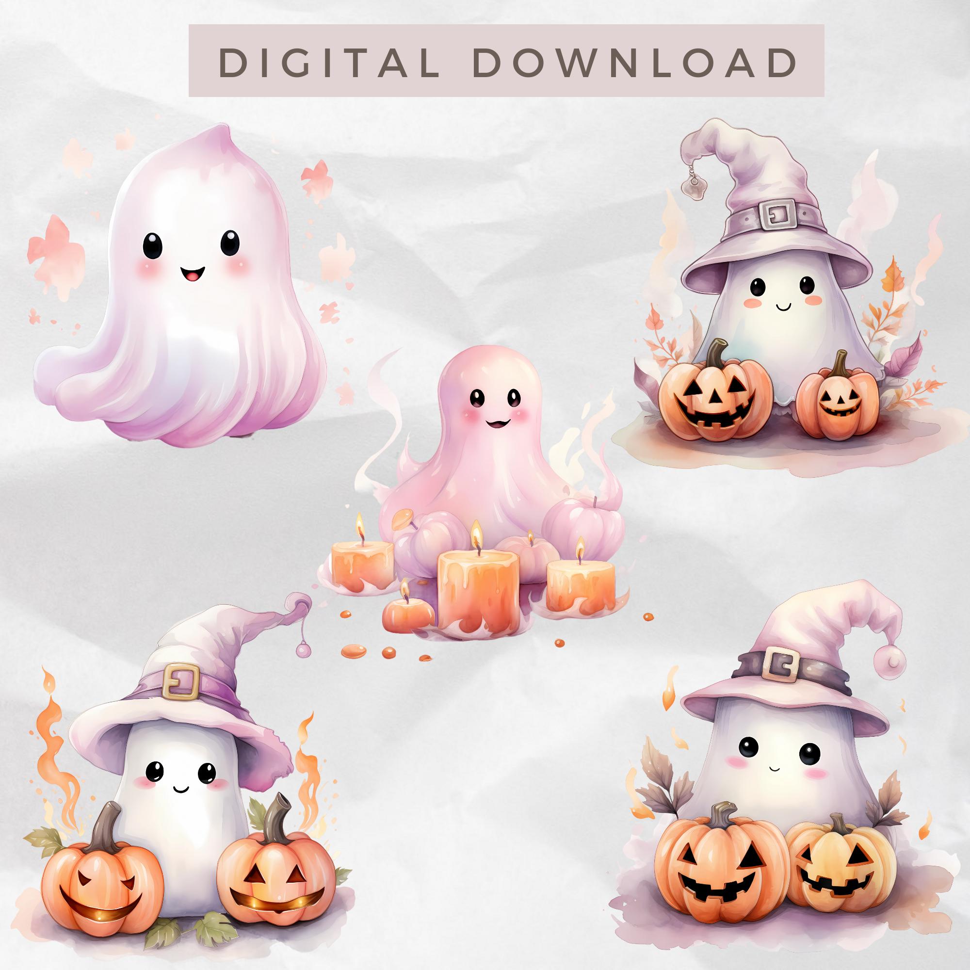 Watercolor Cute Ghost Clipart Halloween Clipart Bundle Cute Pink Ghost ...