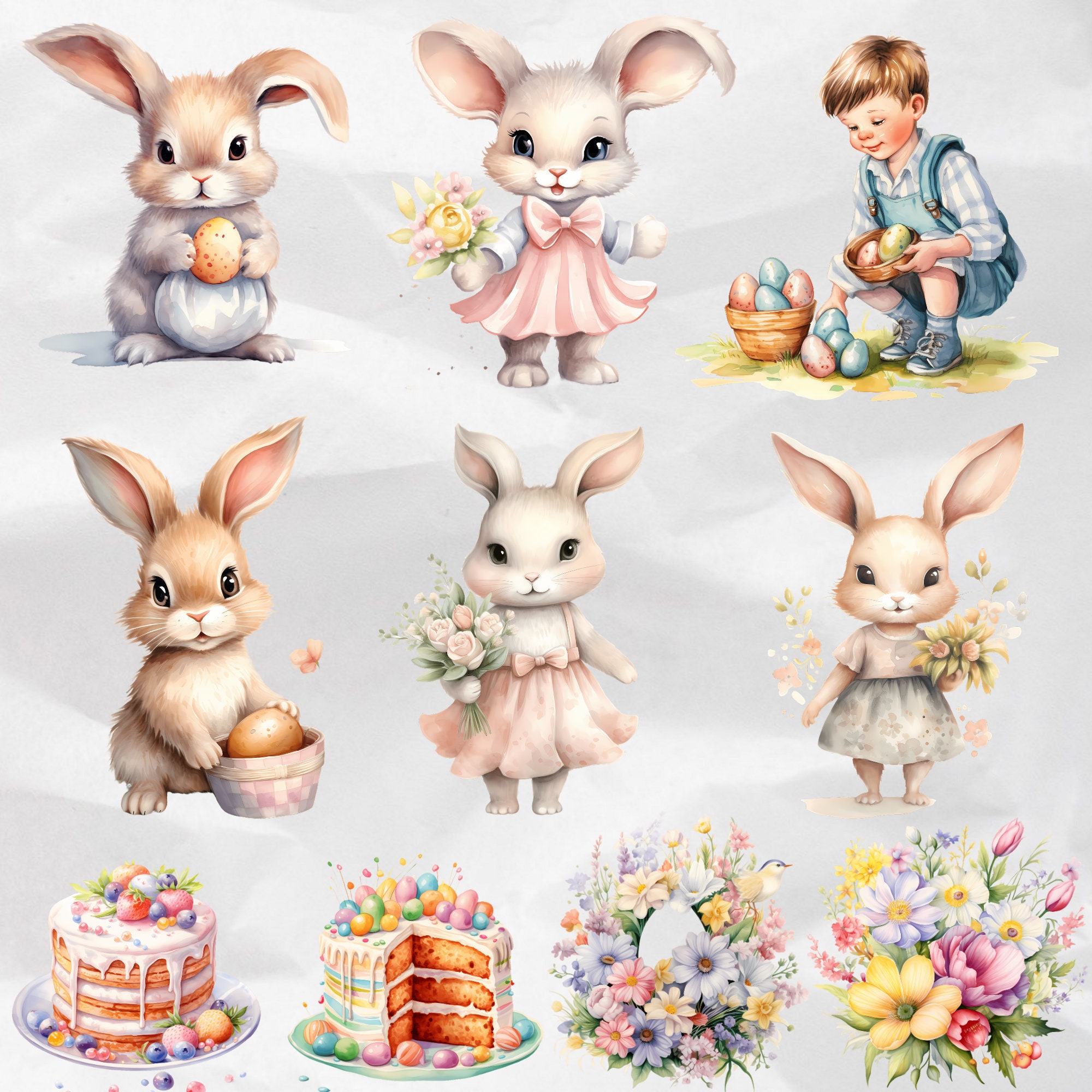 Watercolor Easter Clipart Floral Easter Bunny Graphics Easter Eggs PNG ...