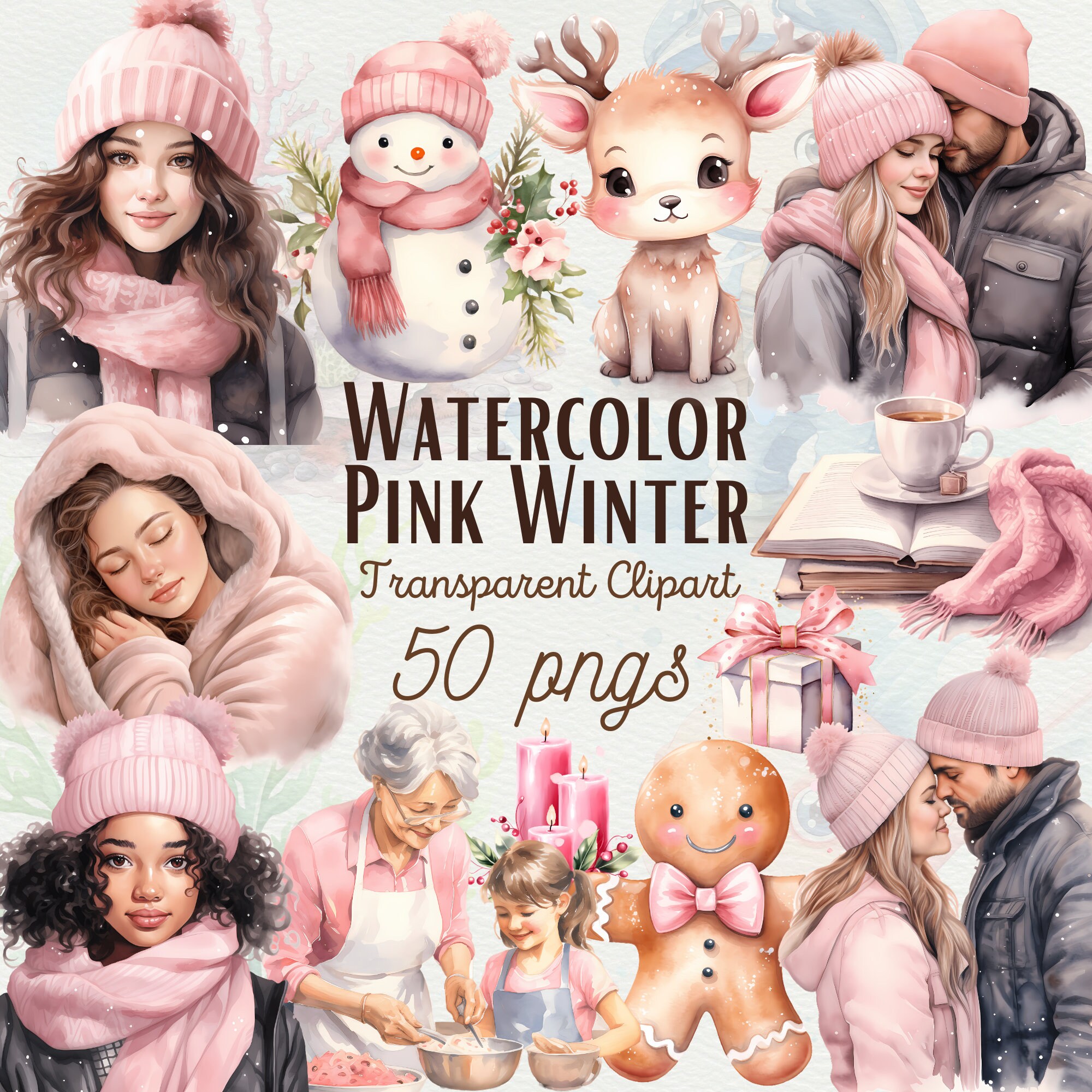 Watercolor Pink Winter Season Clipart Pink Holiday Designs - Etsy