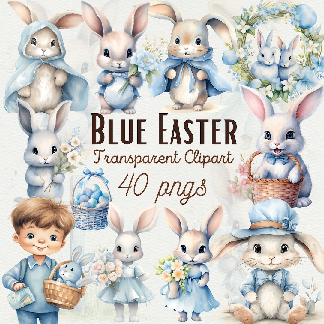 Blue Watercolor Easter Clipart Blue Easter Bunny Graphics Easter Egg ...