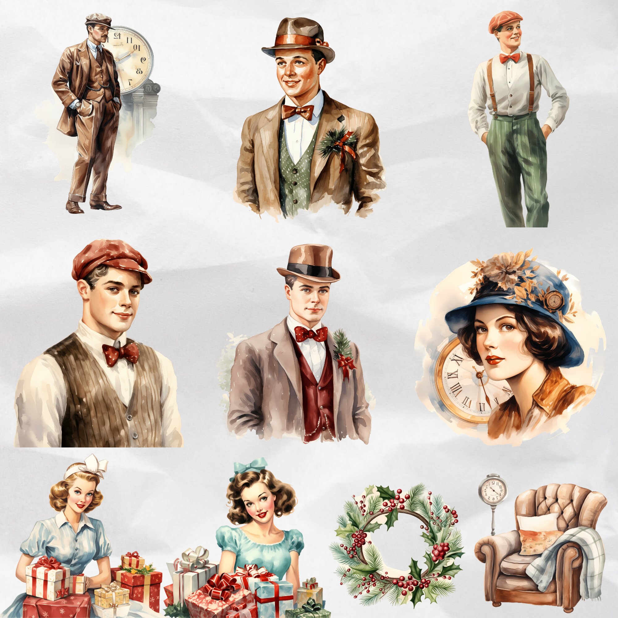 Watercolor Retro Vintage Christmas Clipart Bundle Winter Clipart ...