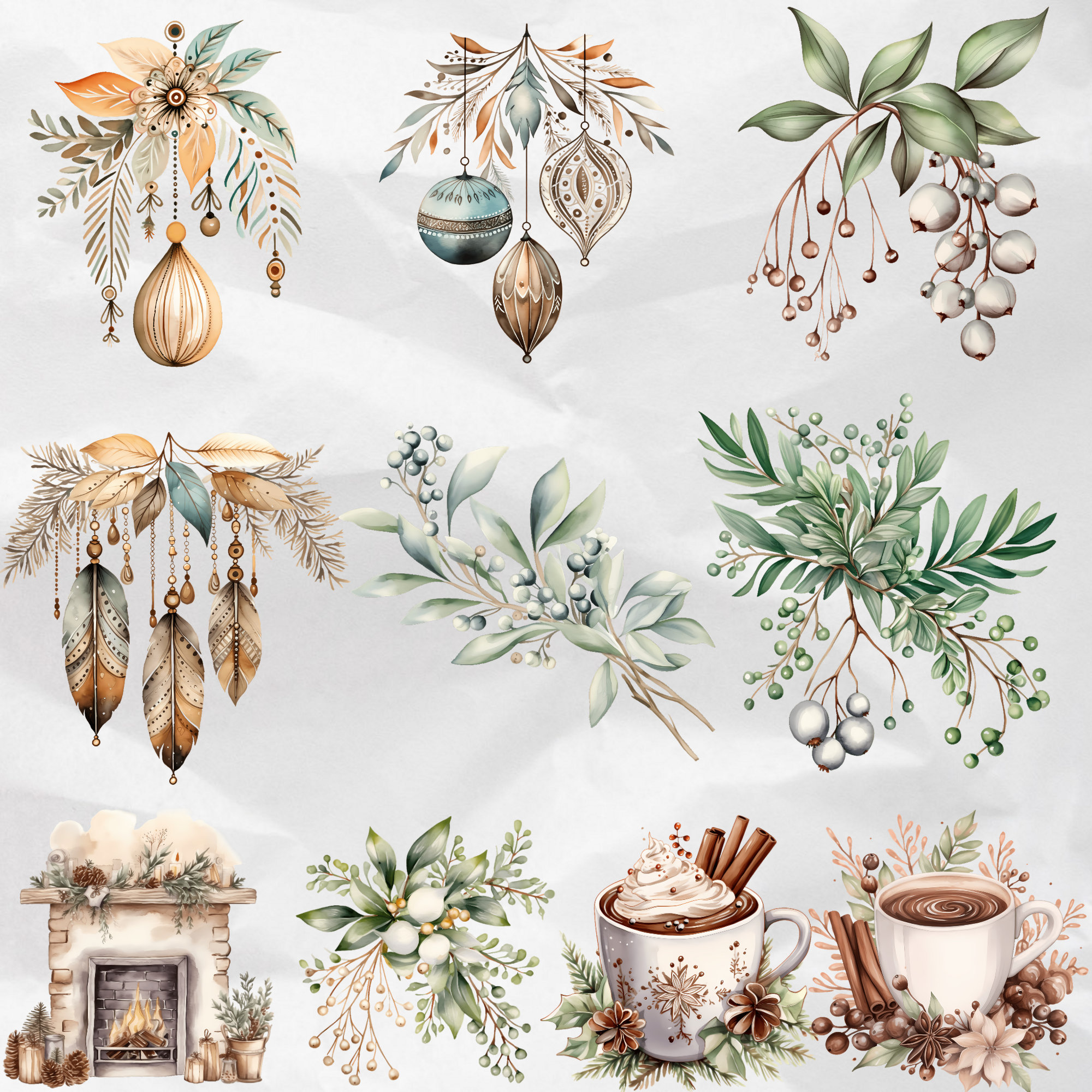 Boho Cozy Christmas Clipart Boho Christmas Clipart Boho Ornaments ...