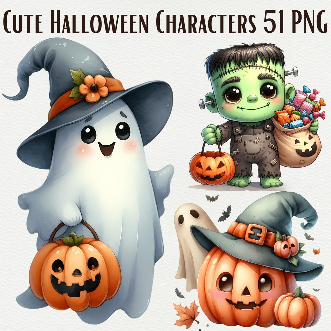 Cute Watercolor Halloween Characters Clipart Cute Ghost PNG Happy ...