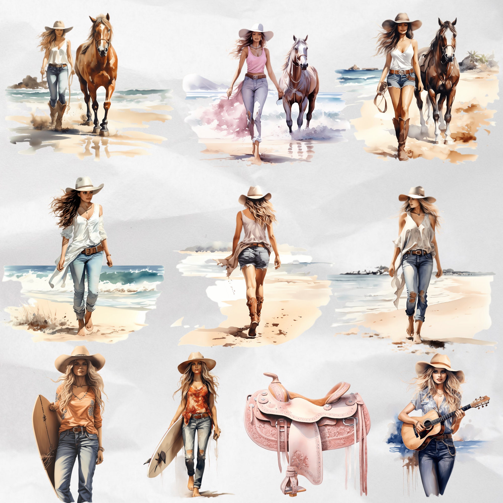 Watercolor Coastal Cowgirl Clipart Cowgirl Bachelorette Watercolor ...