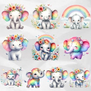 Cute Baby Elephant Clipart Floral Elephants PNG Baby Shower Rainbow ...