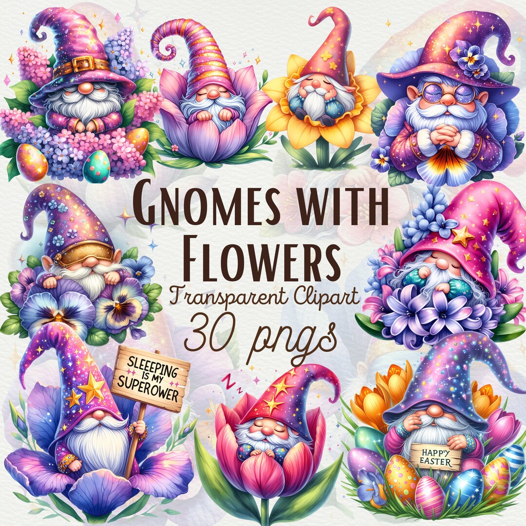 Watercolor Gnome Flower Clipart Cute Flower Gnome PNG Spring Gnome PNG ...