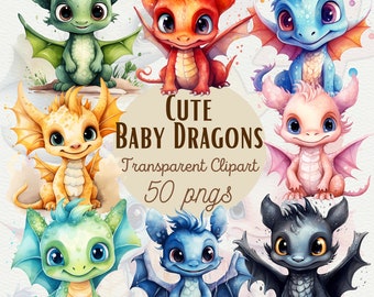 Cute Baby Dragon Clipart Bundle, Watercolor Fantasy Baby Dragon Clipart ...