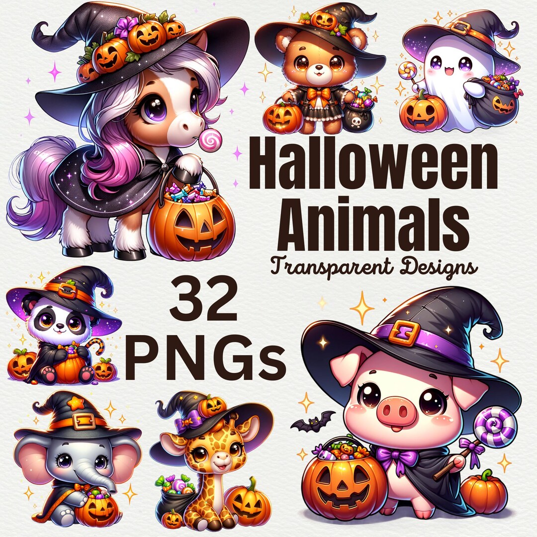 Watercolor Halloween Animal Clipart Bundle 32 PNG Halloween Clipart ...