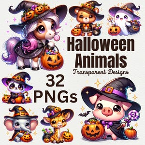 Watercolor Halloween Animal Clipart Bundle 32 PNG Halloween Clipart ...