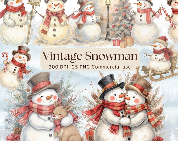 10 PNG Vintage Snowman Clipart – Christmas PNG With Ornaments – Retro ...