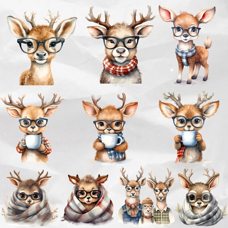 Cute Watercolor Xmas Reindeers Wearing Glasses Watercolor - Etsy