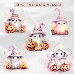 Watercolor Cute Ghost Clipart Halloween Clipart Bundle Cute Pink Ghost ...