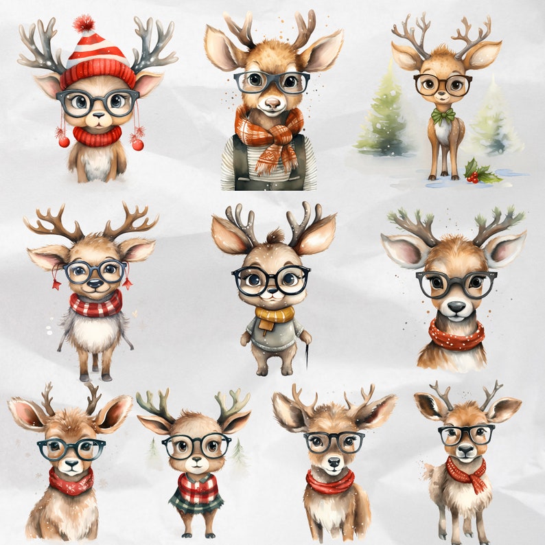 Cute Watercolor Xmas Reindeers Wearing Glasses Watercolor - Etsy