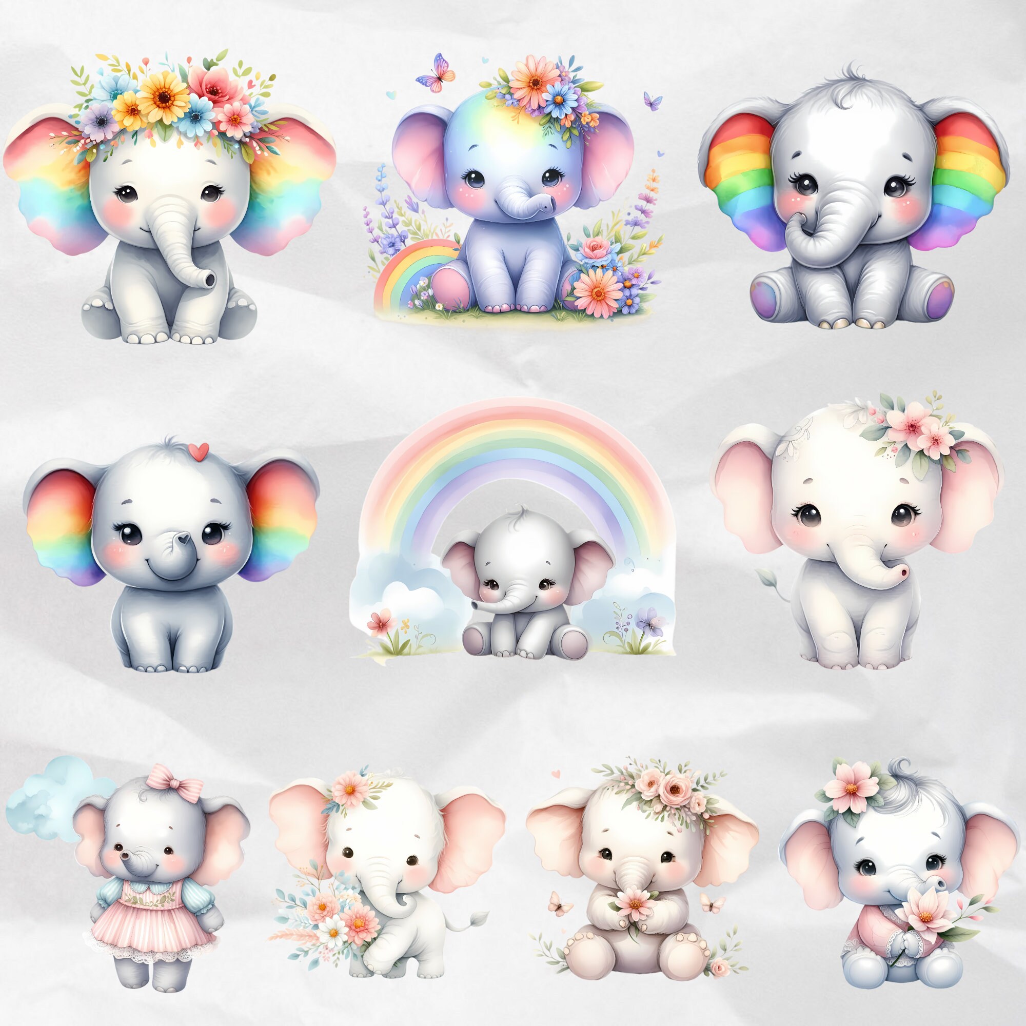 Cute Baby Elephant Clipart Floral Elephants PNG Baby Shower Rainbow ...